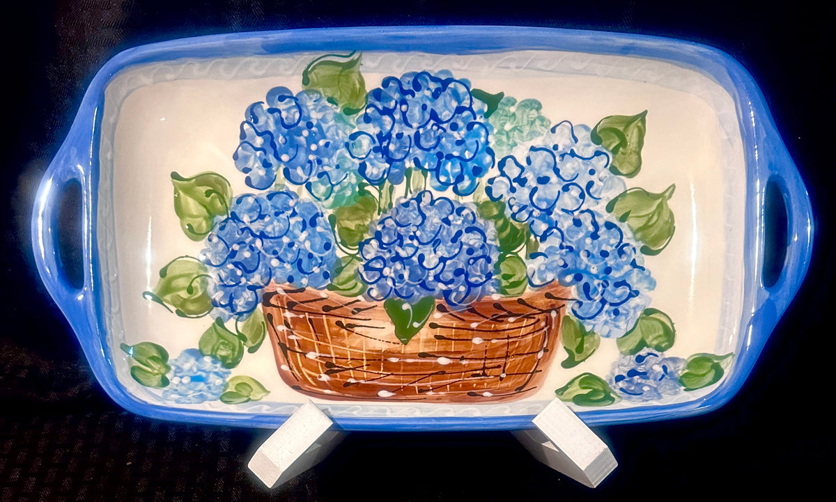 Ceramic Rectangular Platter with handles - 8" x 14.5" in Hydrangea wit ...