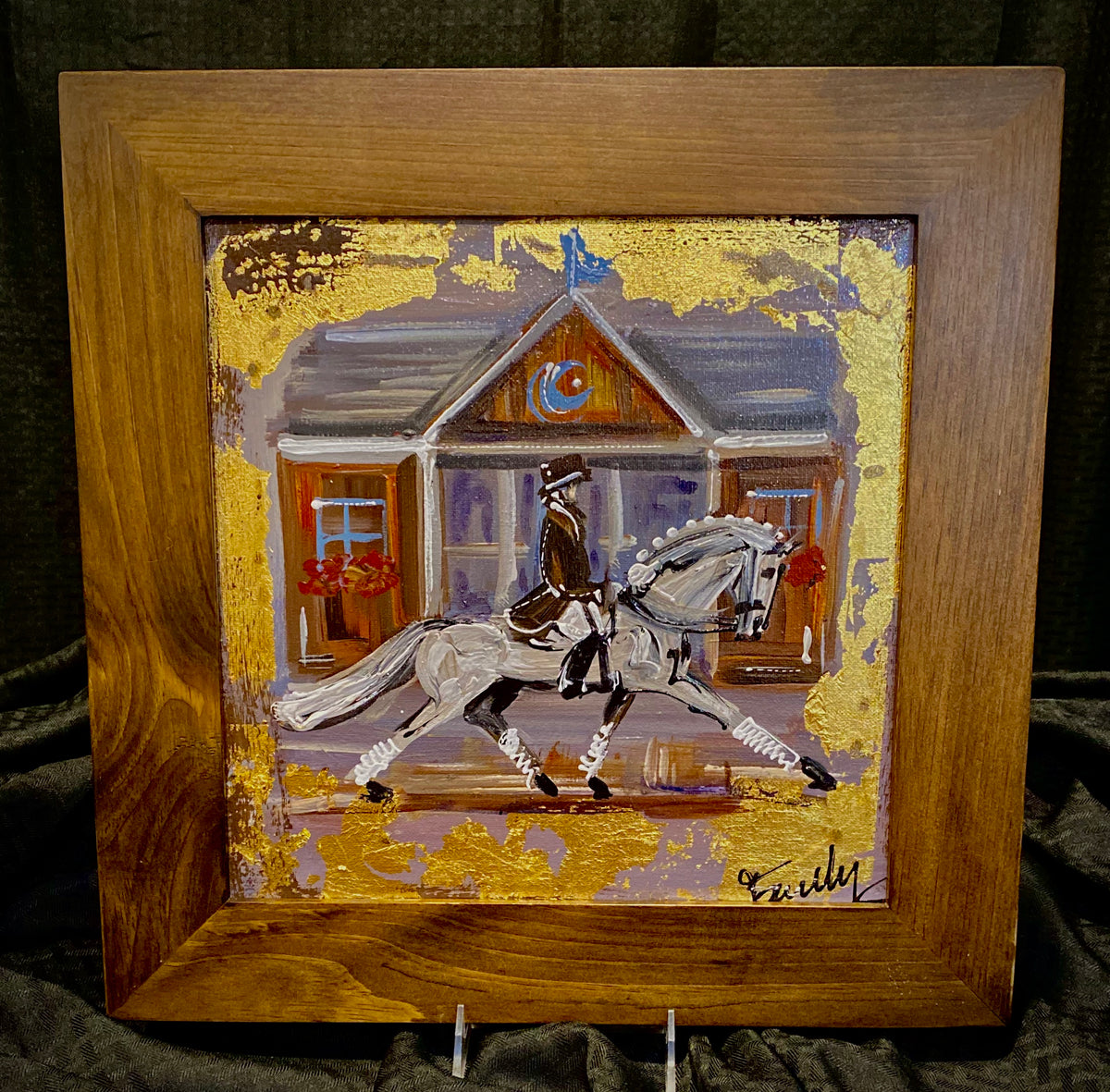 12" X 12" Framed Gold Leaf accented Dressage Rider "Passing the Barn a ...