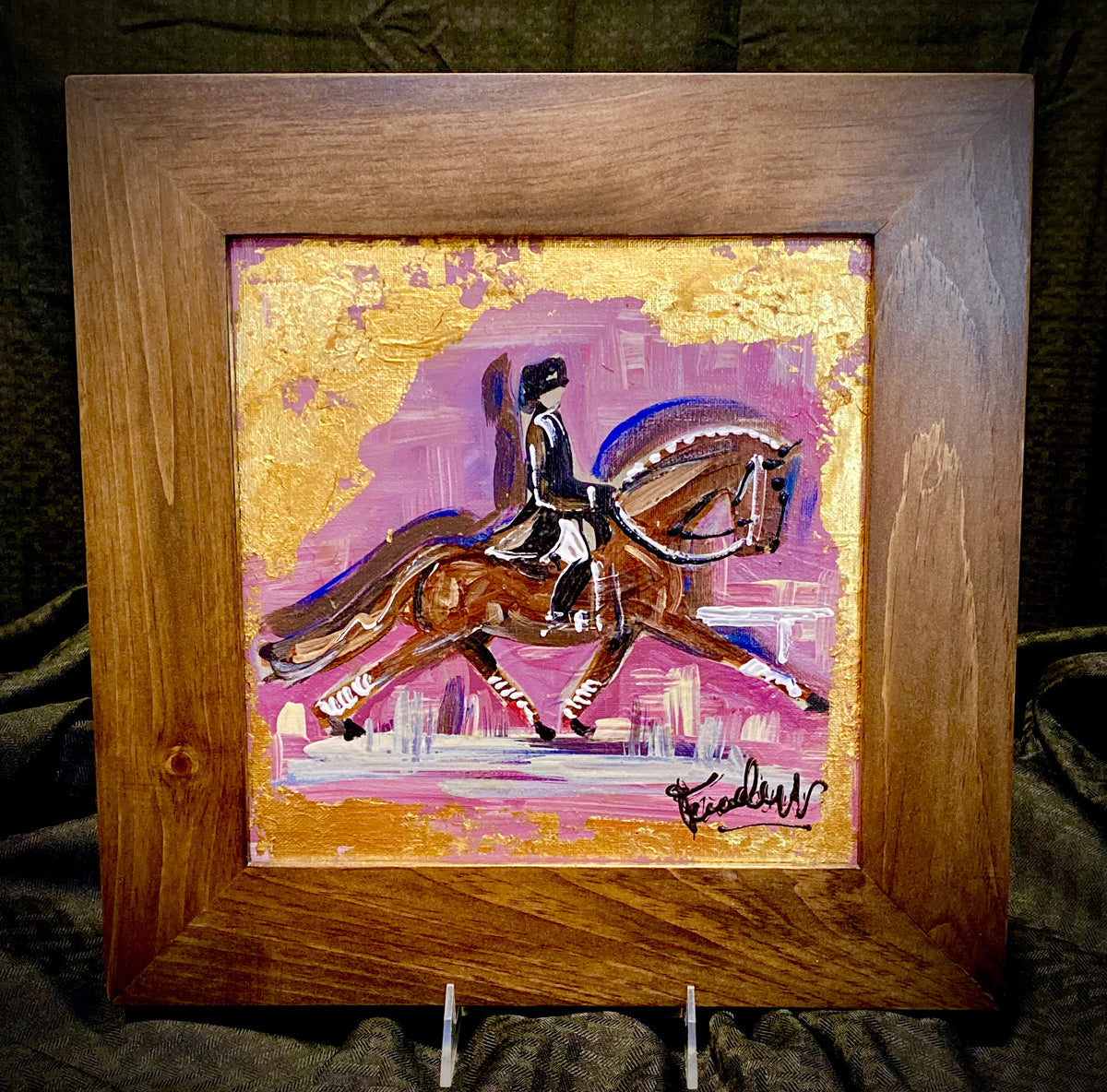 10" X 10" Framed Gold Leaf accented Dressage Rider Motif painting on c ...