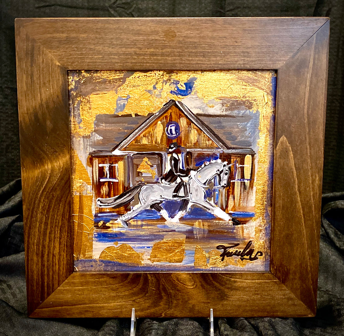 10" X 10" Framed Gold Leaf accented Dressage Rider "Passing the Barn a ...